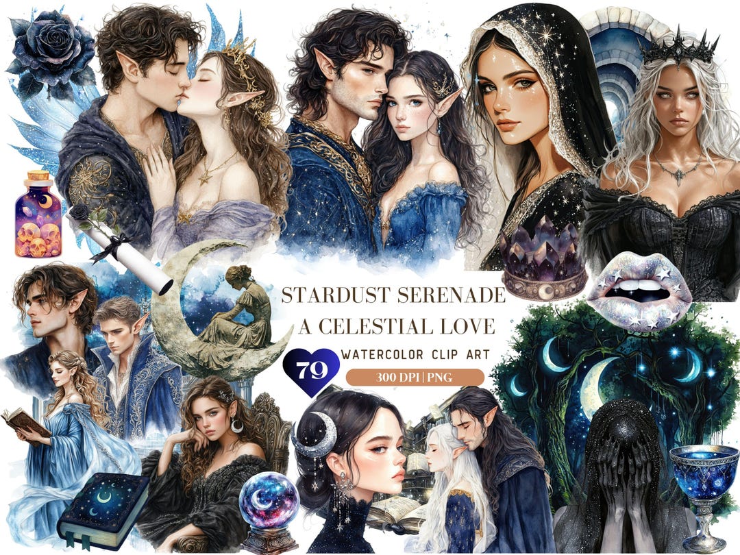 Watercolor Stardust Serenade Celestial Love Clipart, Gothic Fantasy ...