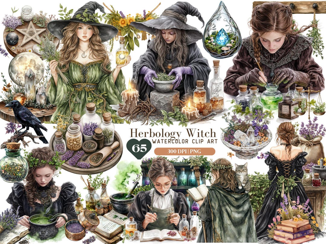 Watercolor Herbology Witch Clipart, Gothic Witch PNG, Herbal Apothecary ...