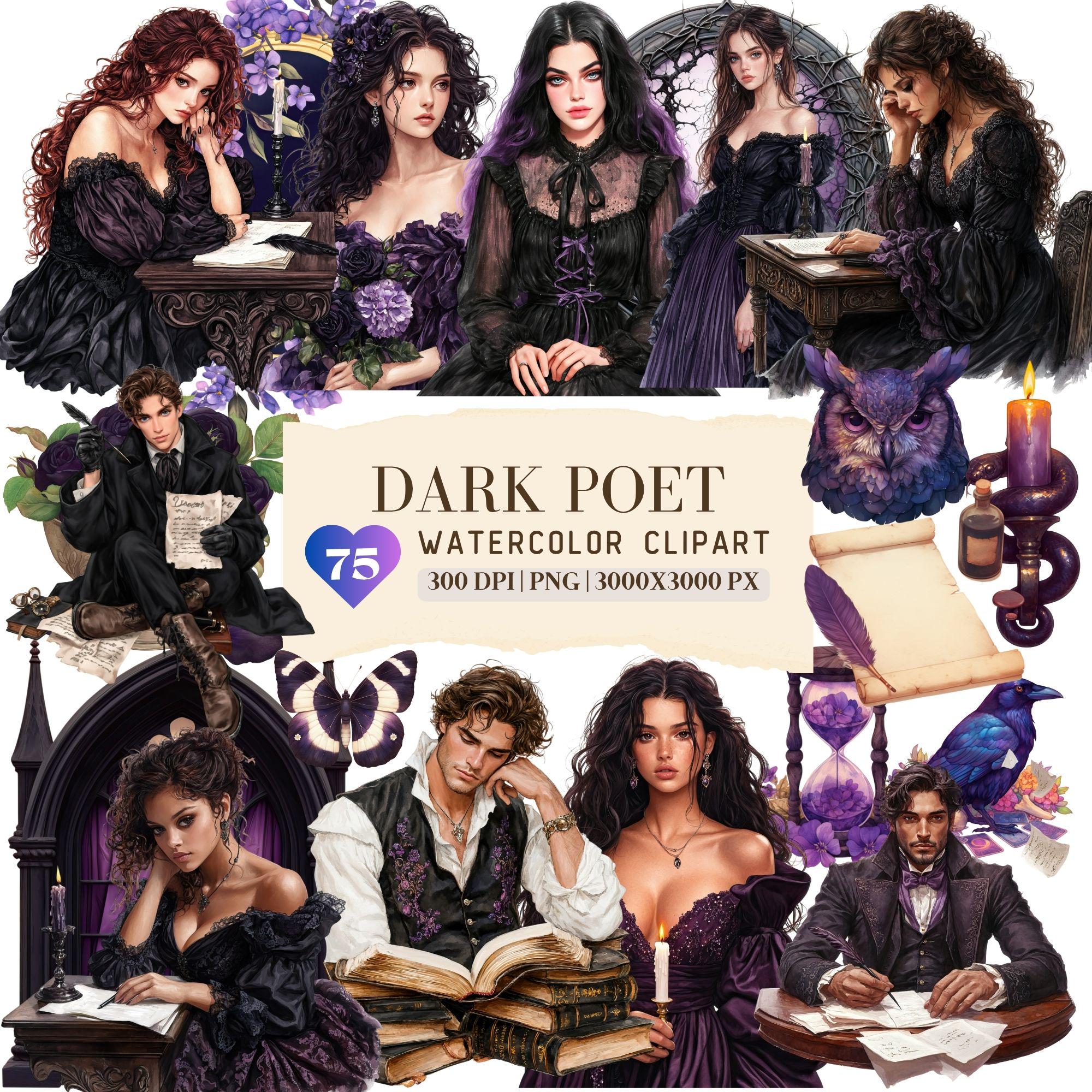 Watercolor Dark Poet Clipart Bundle, Gothic Writer PNG, Vintage Planner ...