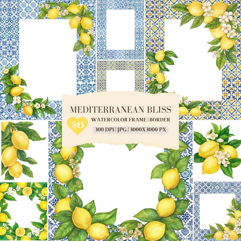 Watercolor Mediterranean Frame Border Clipart, Card Lemon Tile, Sicily ...