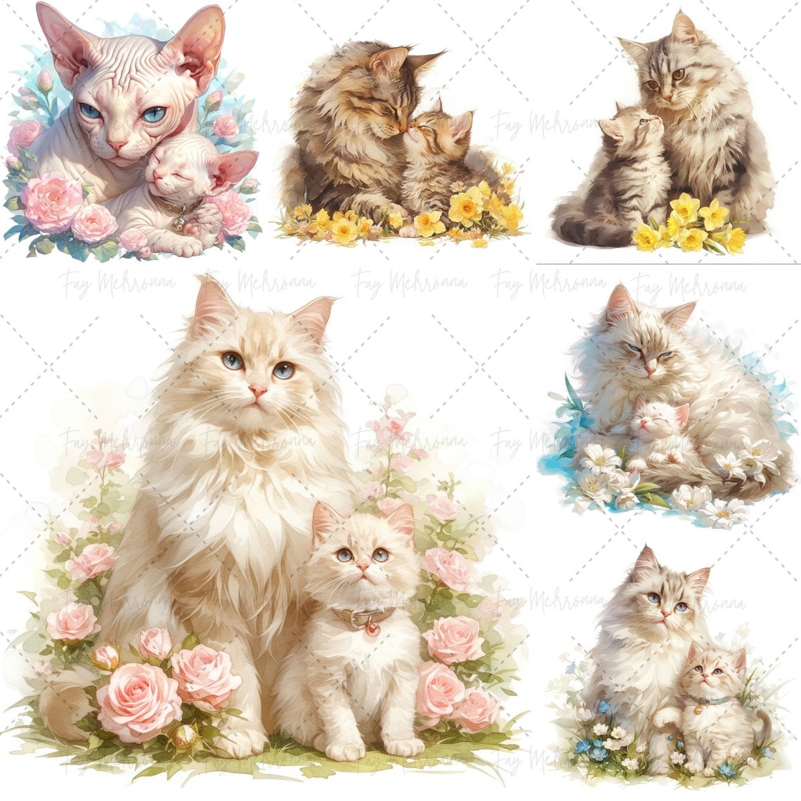 Watercolor Cute Mom and Baby Cat Clipart, Cute Kittens Animal Nursery ...