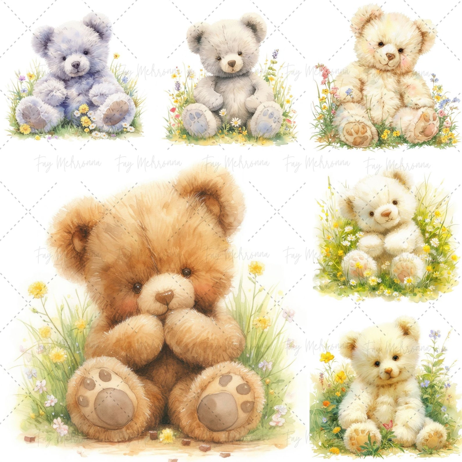Teddy Bear Spring Clip Art, Whimsical Pastel Watercolor Floral Clip Art ...