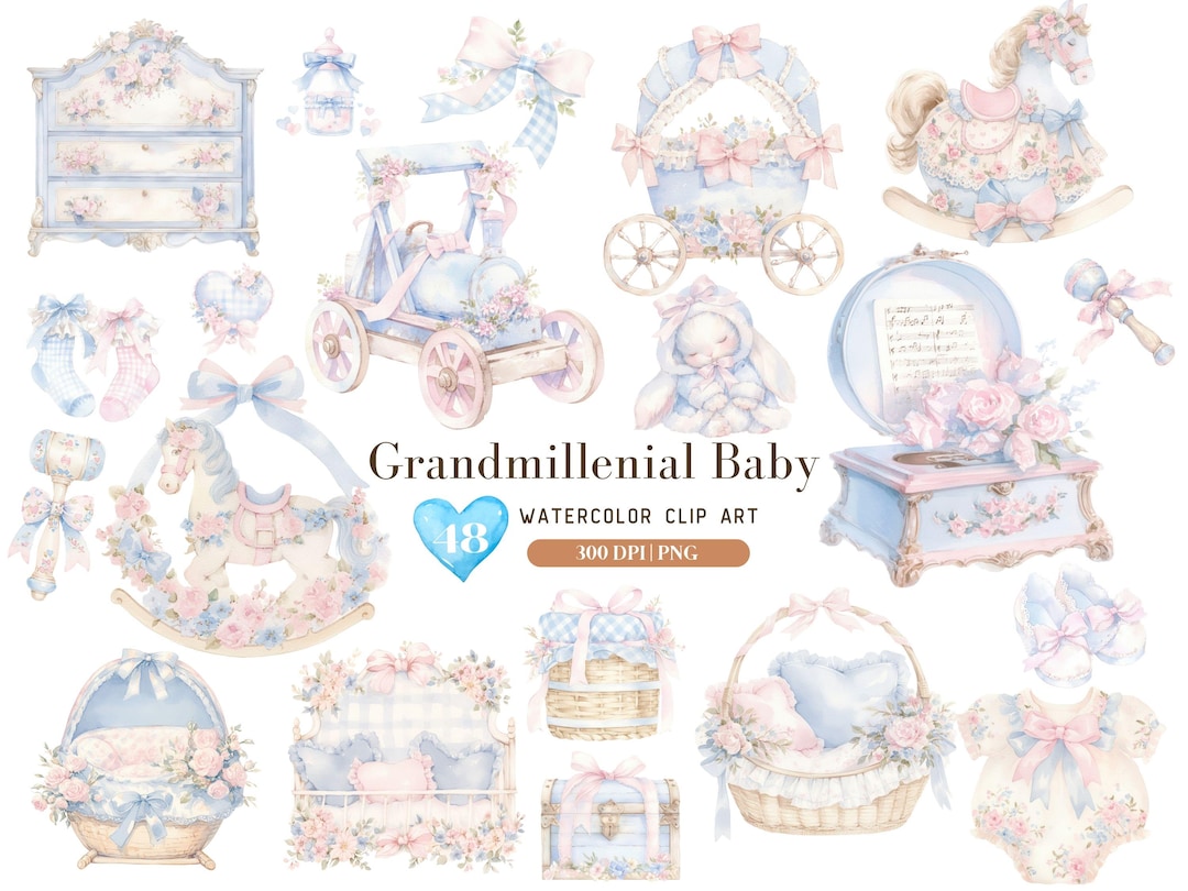 Watercolor Grandmillennial Baby Clipart Bundle, Pastel Baby Toys Clip ...