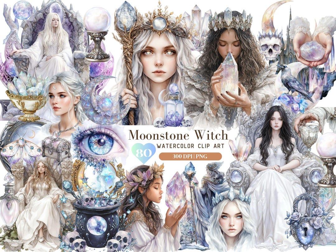 Watercolor Moonstone Witch Clipart, Gothic Witch Clipart, Opal Gemstone ...