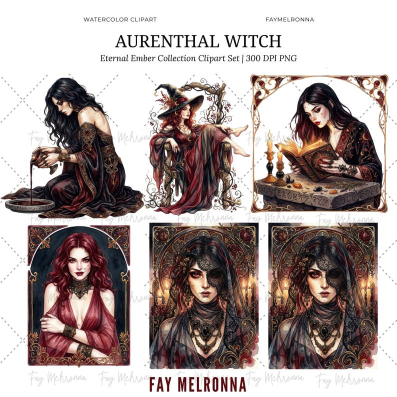 Watercolor Dark Autumn Witch Clipart, Gothic Occult Witch PNG, Forest ...
