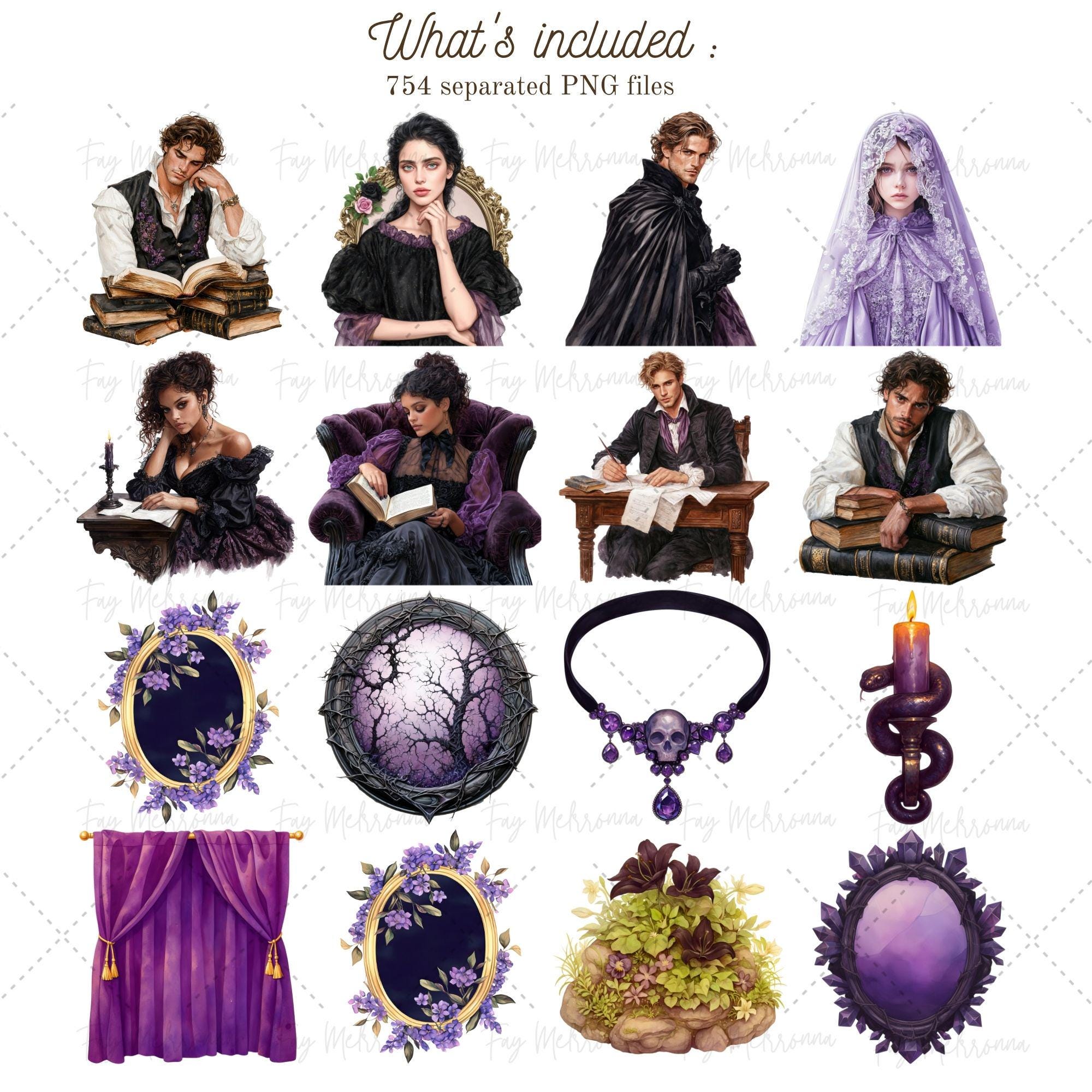 Watercolor Dark Poet Clipart Bundle, Gothic Writer PNG, Vintage Planner ...