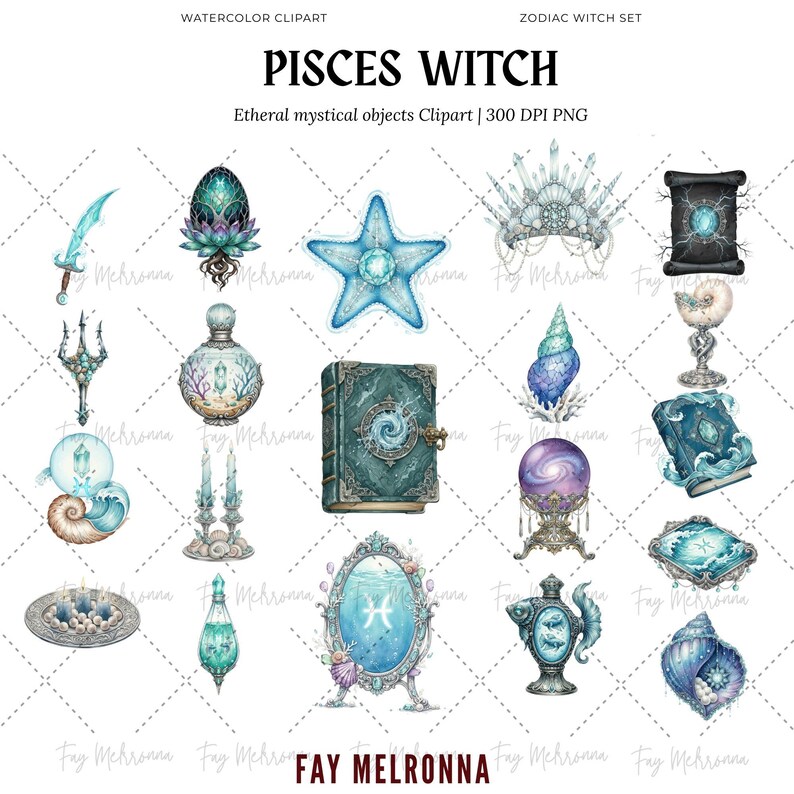 Pisces Witch Clipart, Gothic Zodiac PNG Bundle, Dark Fantasy, Ethereal ...