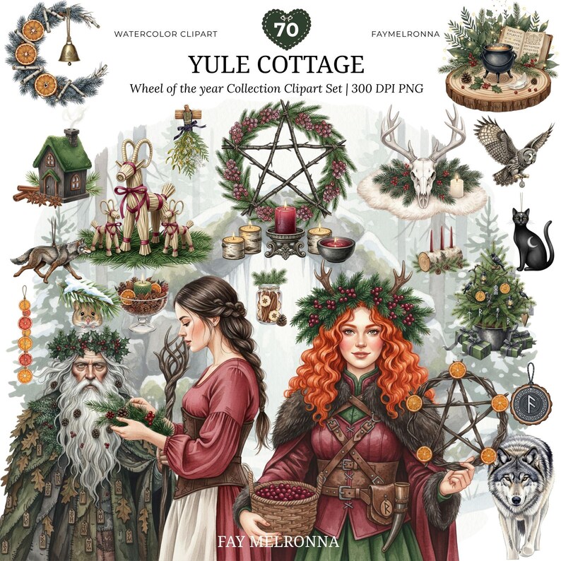 Yule Cottage Watercolor Christmas Clipart | Winter Solstice PNG Bundle ...