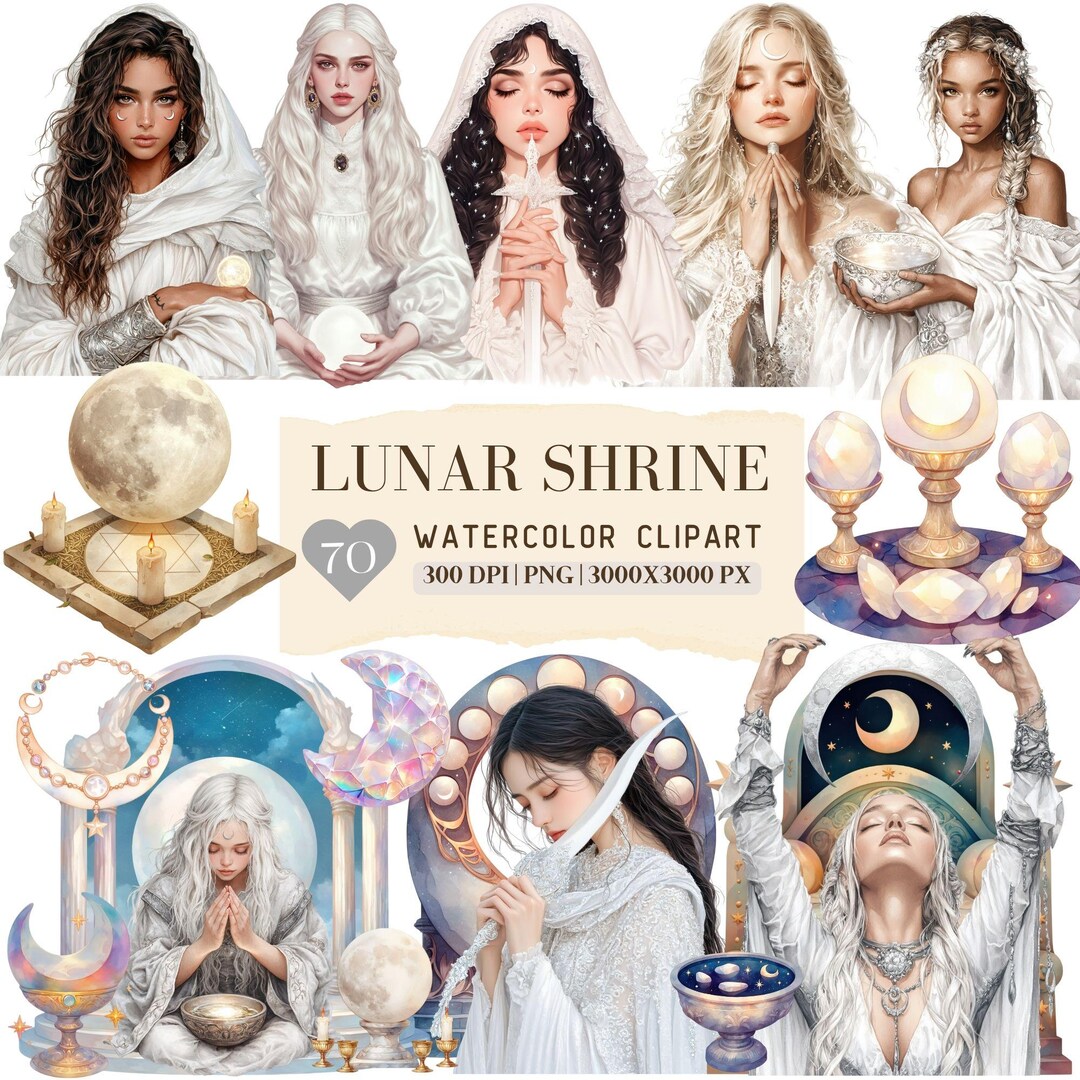 Watercolor Lunar Shrine Clipart, Witch Moon Goddess Fae PNG Bundle ...