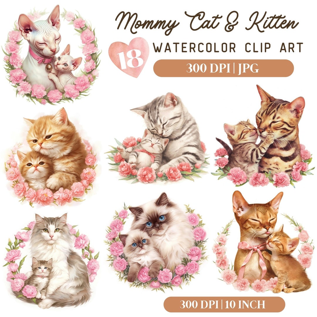 Watercolor Cute Mom and Baby Cat Clipart, Cute Kittens Animal Nursery ...