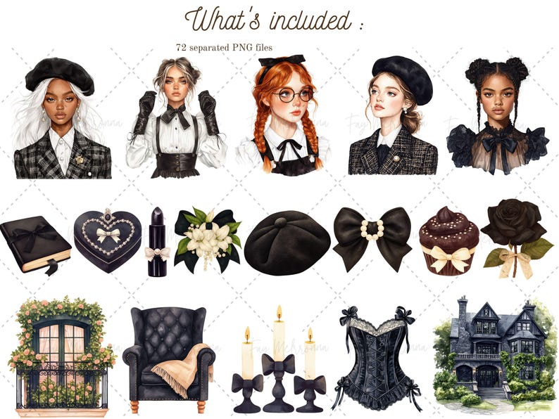 Watercolor Noir Coquette Clipart, Black Coquette Witch Clip Art, Gothic ...