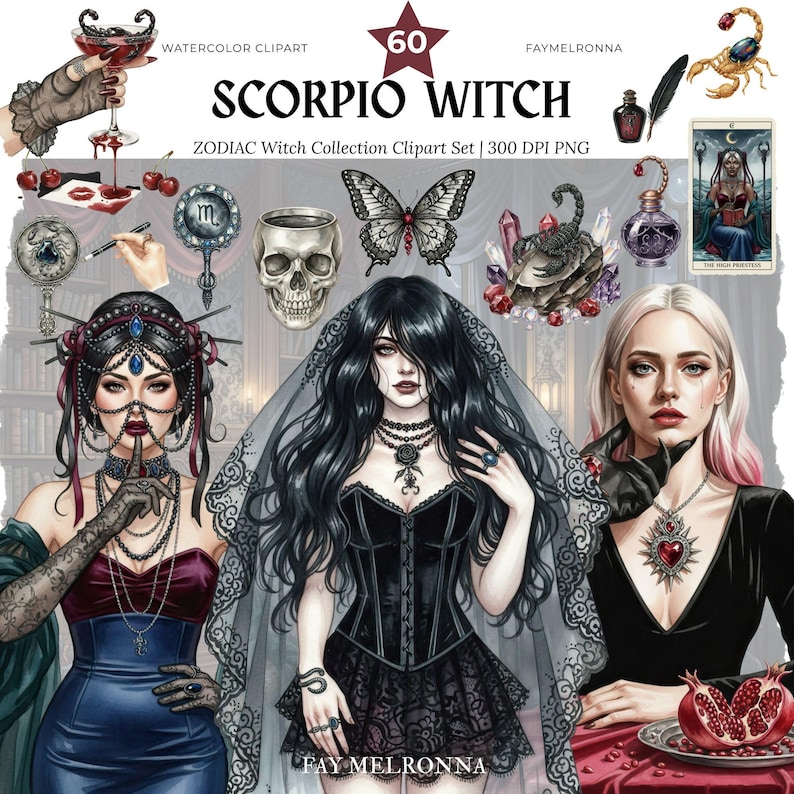 Scorpio Witch Clipart | Gothic Zodiac PNG Bundle | Whimsigoth Graphic ...