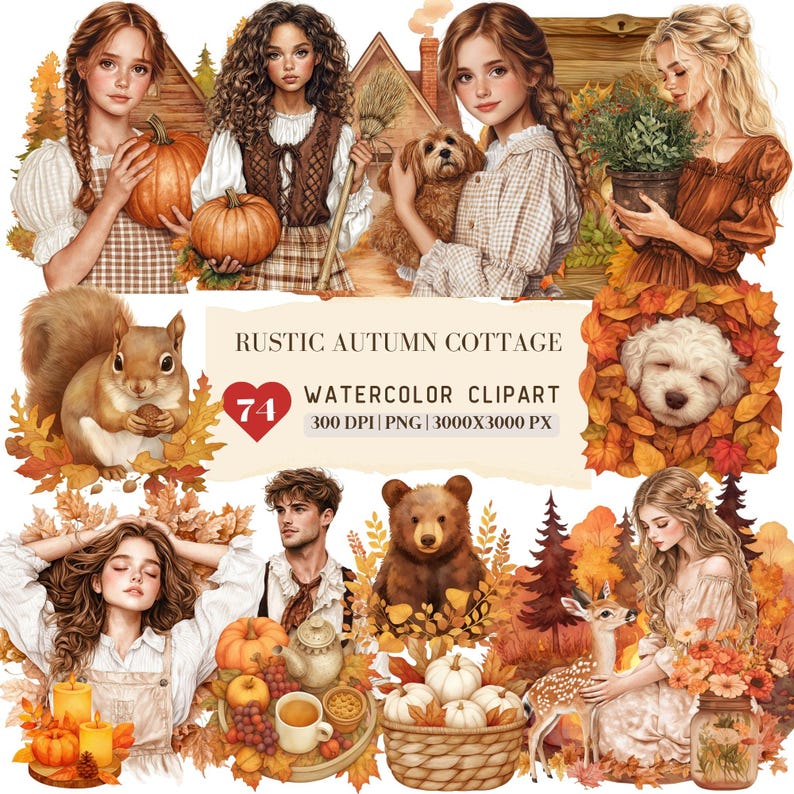 Watercolor Rustic Autumn Cottage Bundle, Fall Clipart PNG, Cozy Fall ...