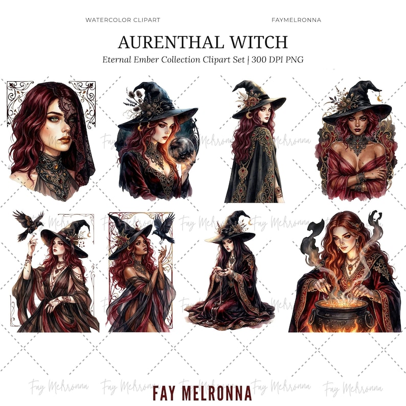 Watercolor Dark Autumn Witch Clipart, Gothic Occult Witch PNG, Forest ...