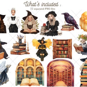 Watercolor Witch Bookshop Clipart Bundle, Gothic Library Clipart PNG ...