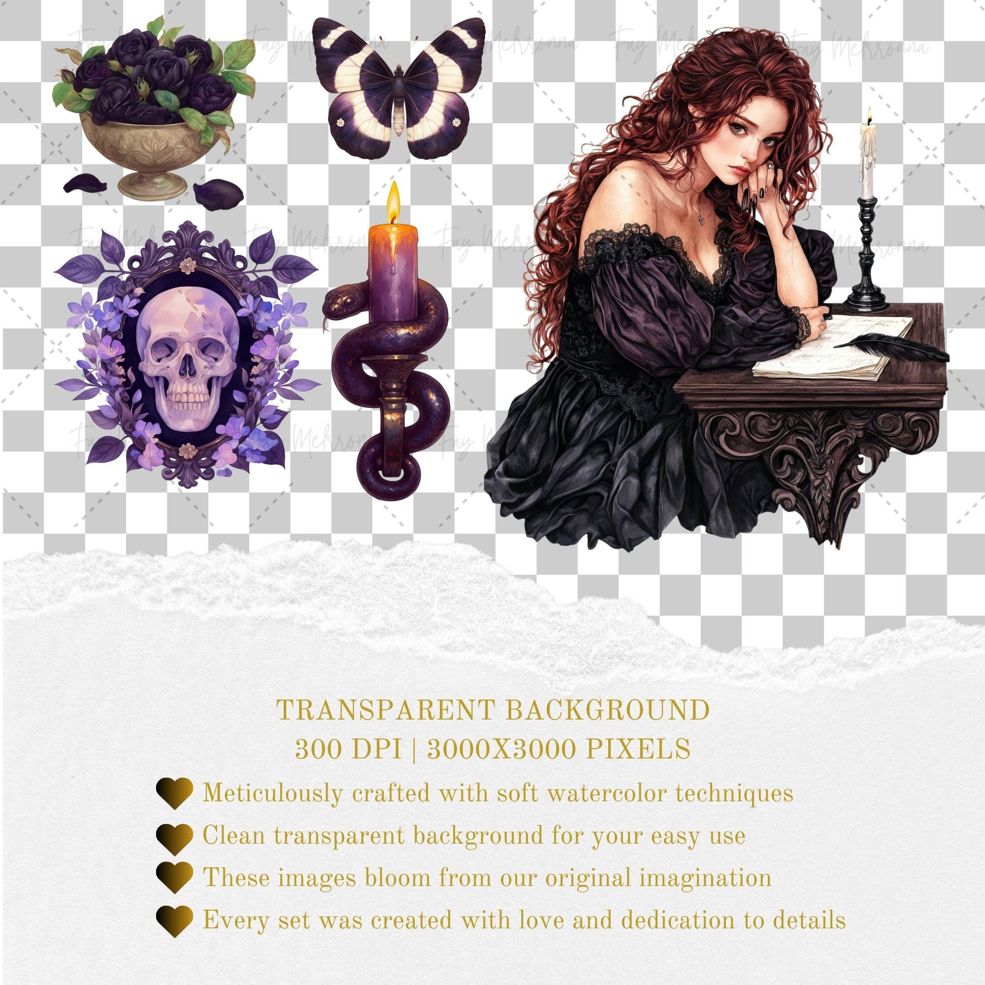 Watercolor Dark Poet Clipart Bundle, Gothic Writer PNG, Vintage Planner ...
