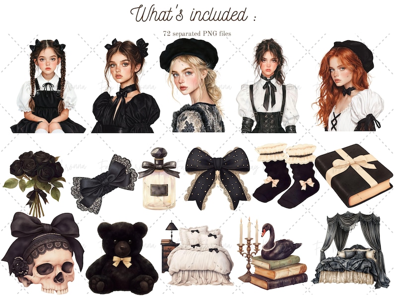 Watercolor Noir Coquette Clipart, Black Coquette Witch Clip Art, Gothic ...
