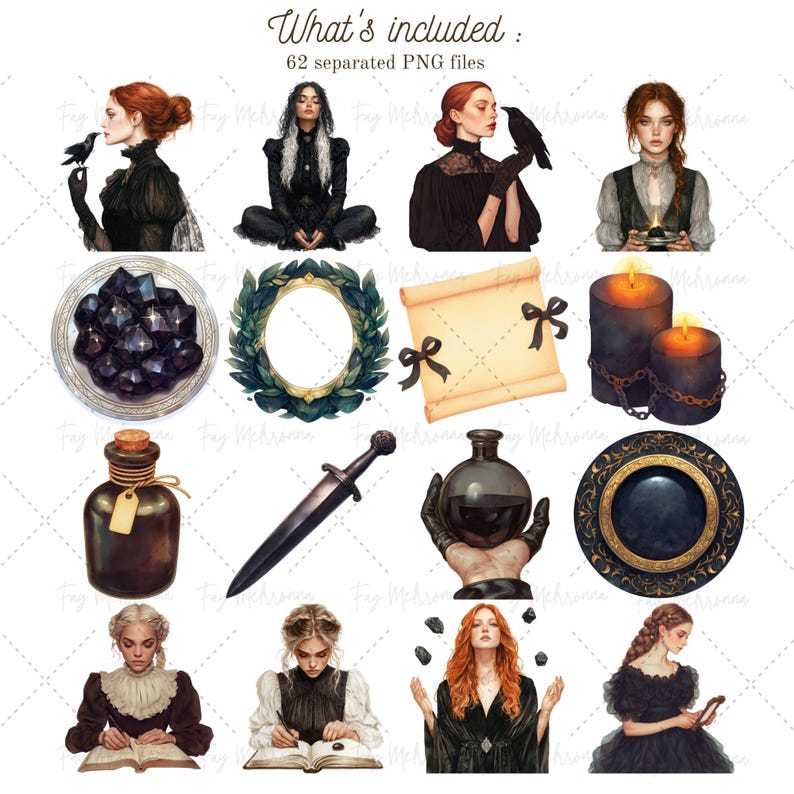 Obsidian Witch Clipart: Watercolor Gothic Queen Graphics (digital ...