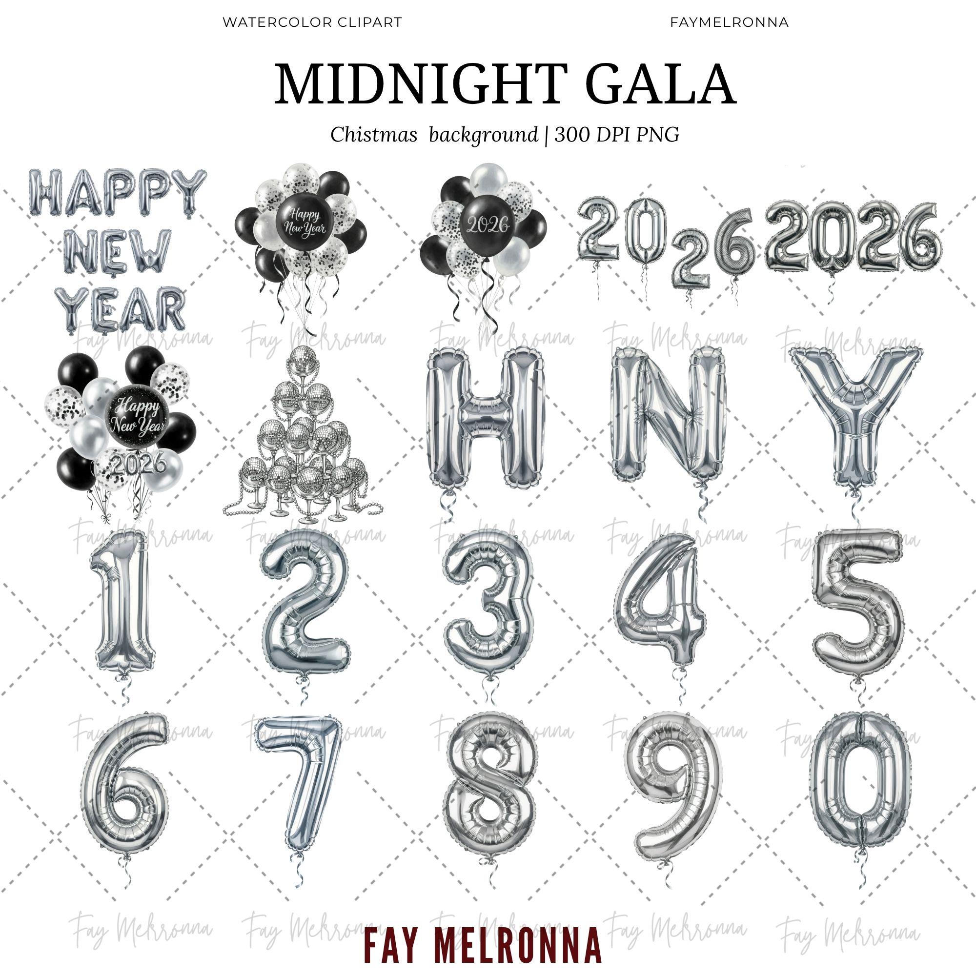 Midnight Gala Watercolor Clipart | Black Silver Luxe New Year | Luxury ...
