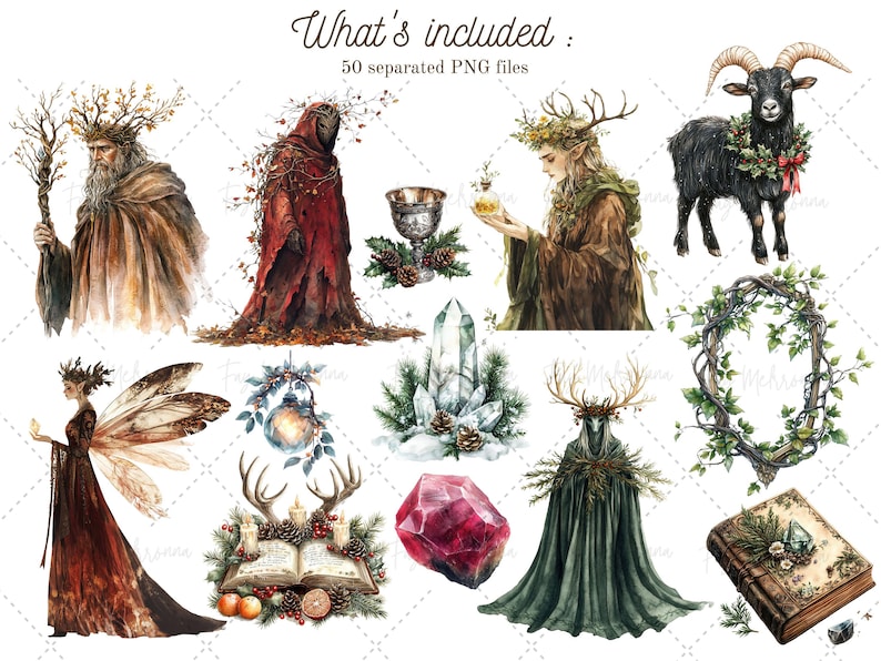 Watercolor Yule Christmas Clipart, Fae Mythic Fairy Gothic Xmas Clipart ...