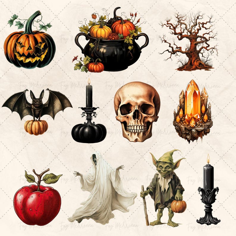 Vintage Creepy Halloween Clipart, Old Style Antique Halloween Clip Art ...
