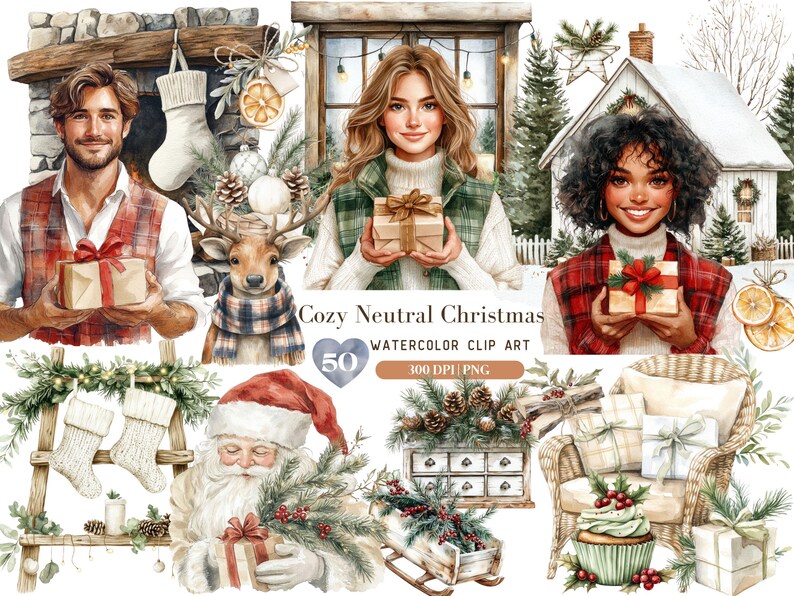 Watercolor Christmas Clipart, Cozy Neutral White Xmas Clip Art ...