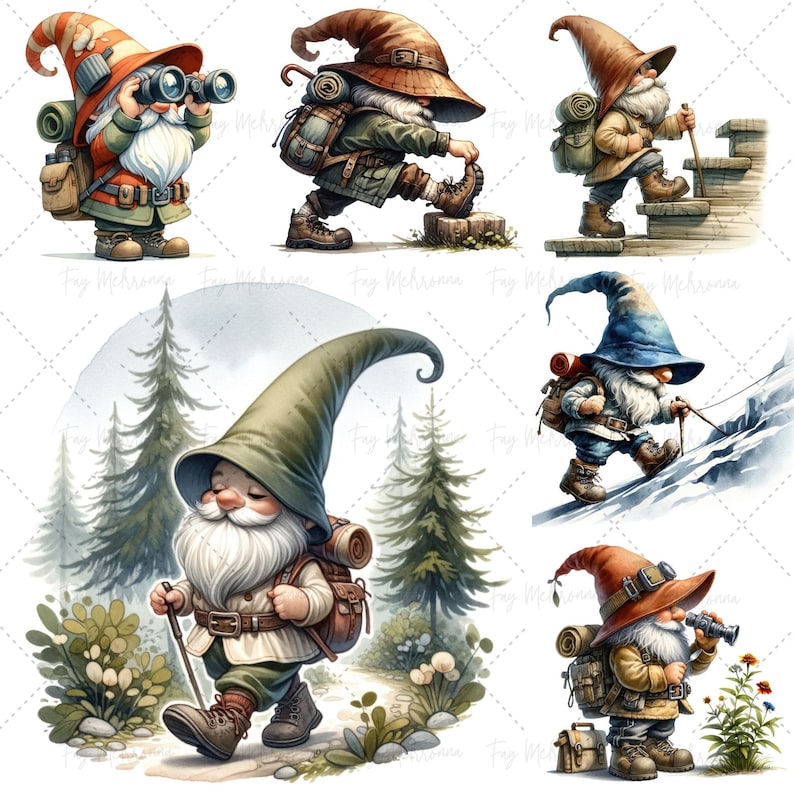 Hike Gnome JPG, Baseball Gnome Watercolor Clipart, Hiker Gnome, Hike JPG, Vintage Gnome Clipart ...