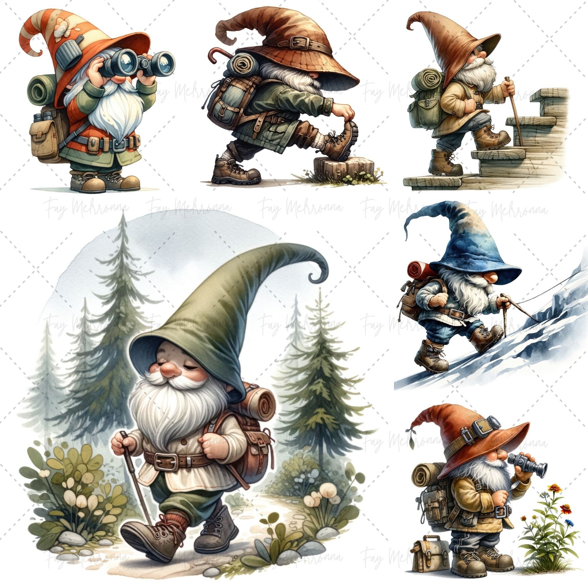 Hiking Gnome Watercolor Clipart: Adventure Gnomes (JPG) - Etsy