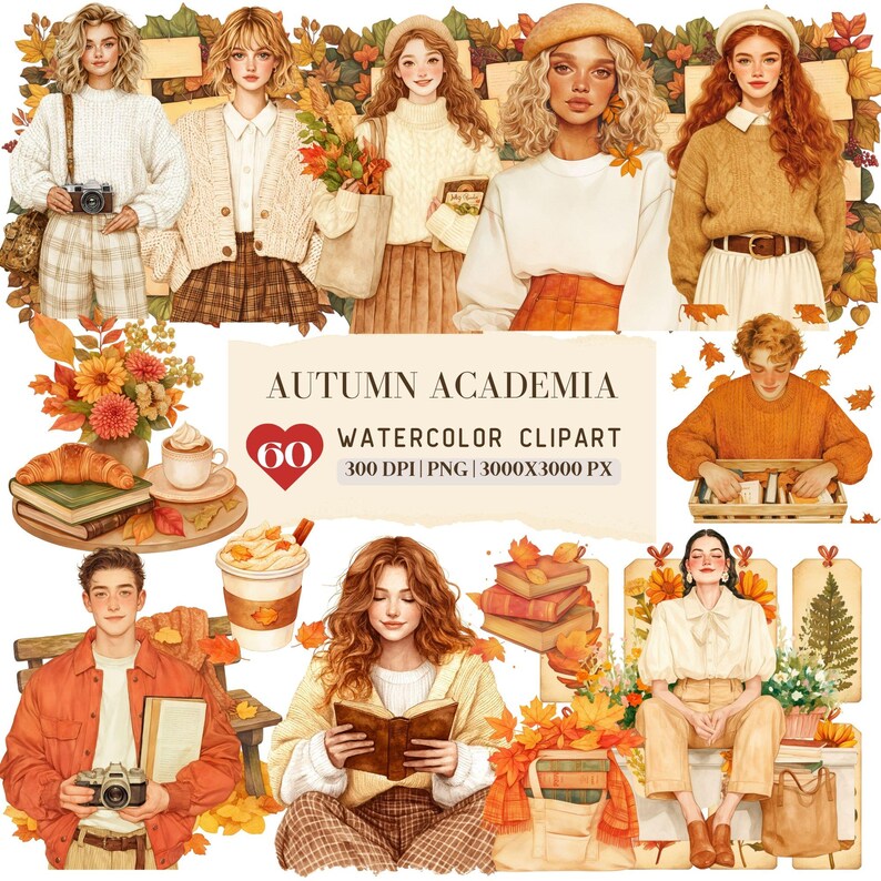 Watercolor Autumn Academia Clipart PNG, Autumn Reading, Bookish Light ...