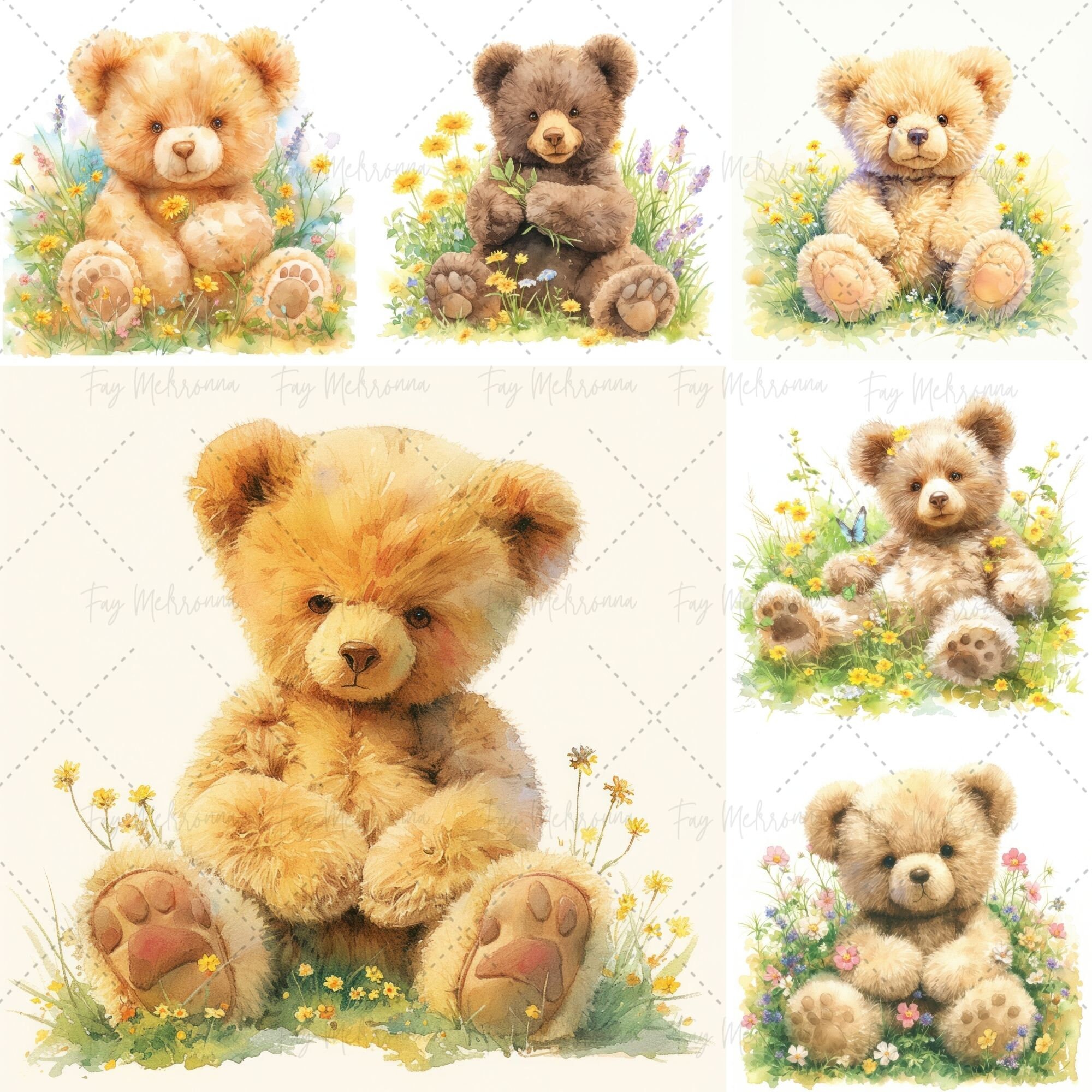 Teddy Bear Spring Clip Art, Whimsical Pastel Watercolor Floral Clip Art ...