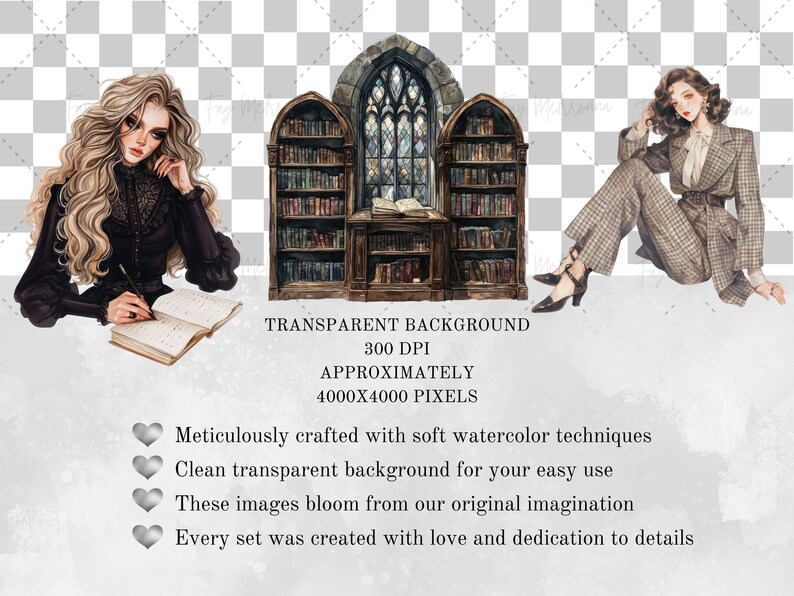 Watercolor Dark Academia Library Clipart Bundle, Gothic Clipart PNG ...