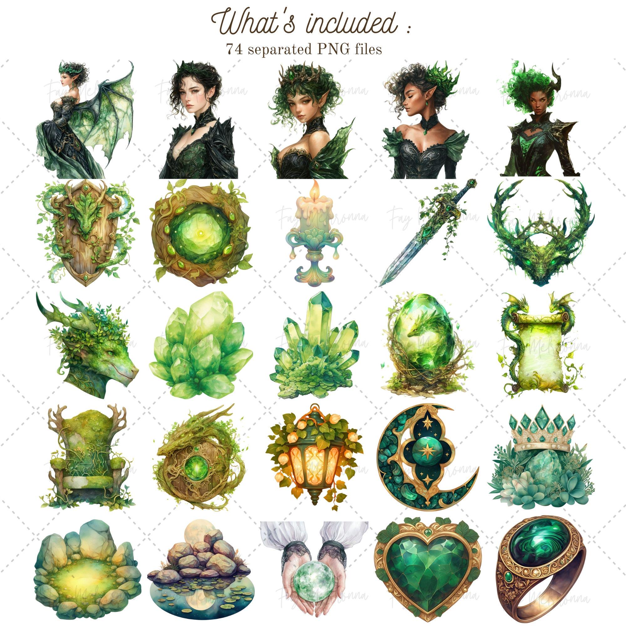 Watercolor Emerald Dragonkin Clipart, Gothic Dragoncore, Green Gemstone ...