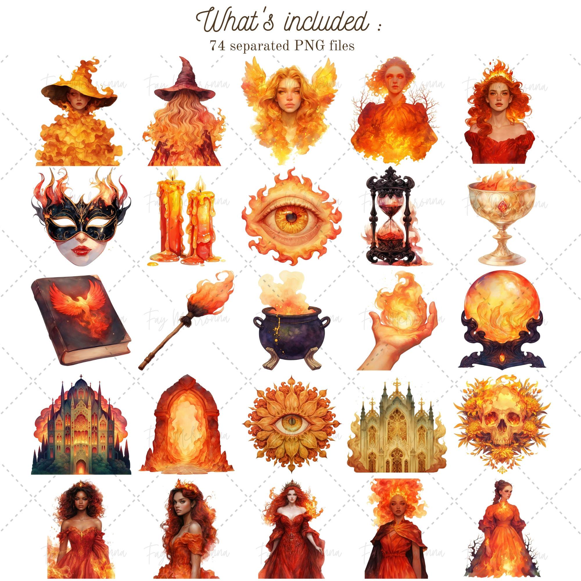 Watercolor Fire Witch Clipart, Gothic Witch Element Clipart, Goddess ...