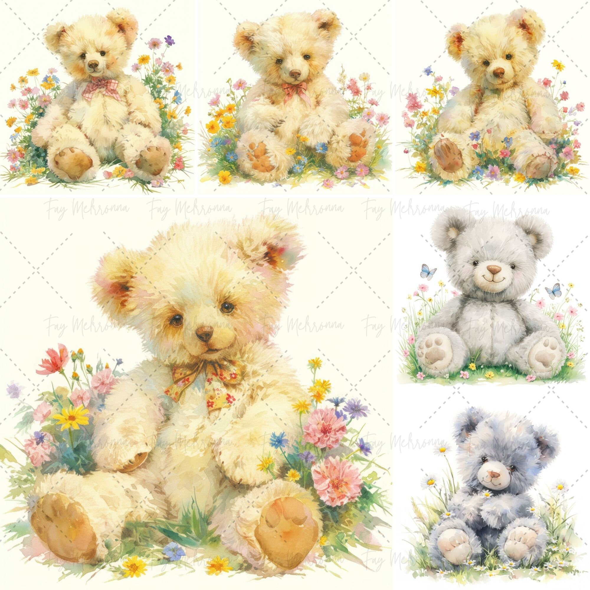 Teddy Bear Spring Clip Art, Whimsical Pastel Watercolor Floral Clip Art ...