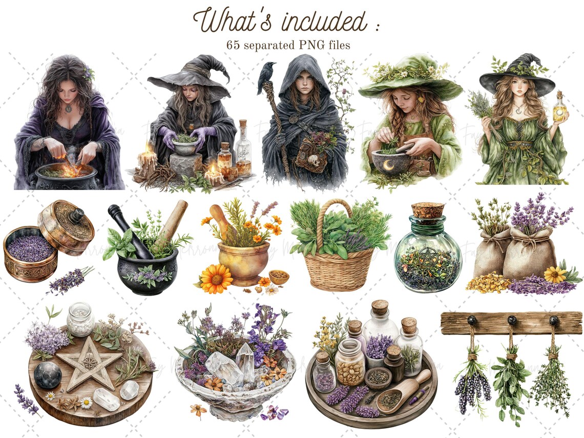 Watercolor Herbology Witch Clipart, Gothic Witch PNG, Herbal Apothecary ...