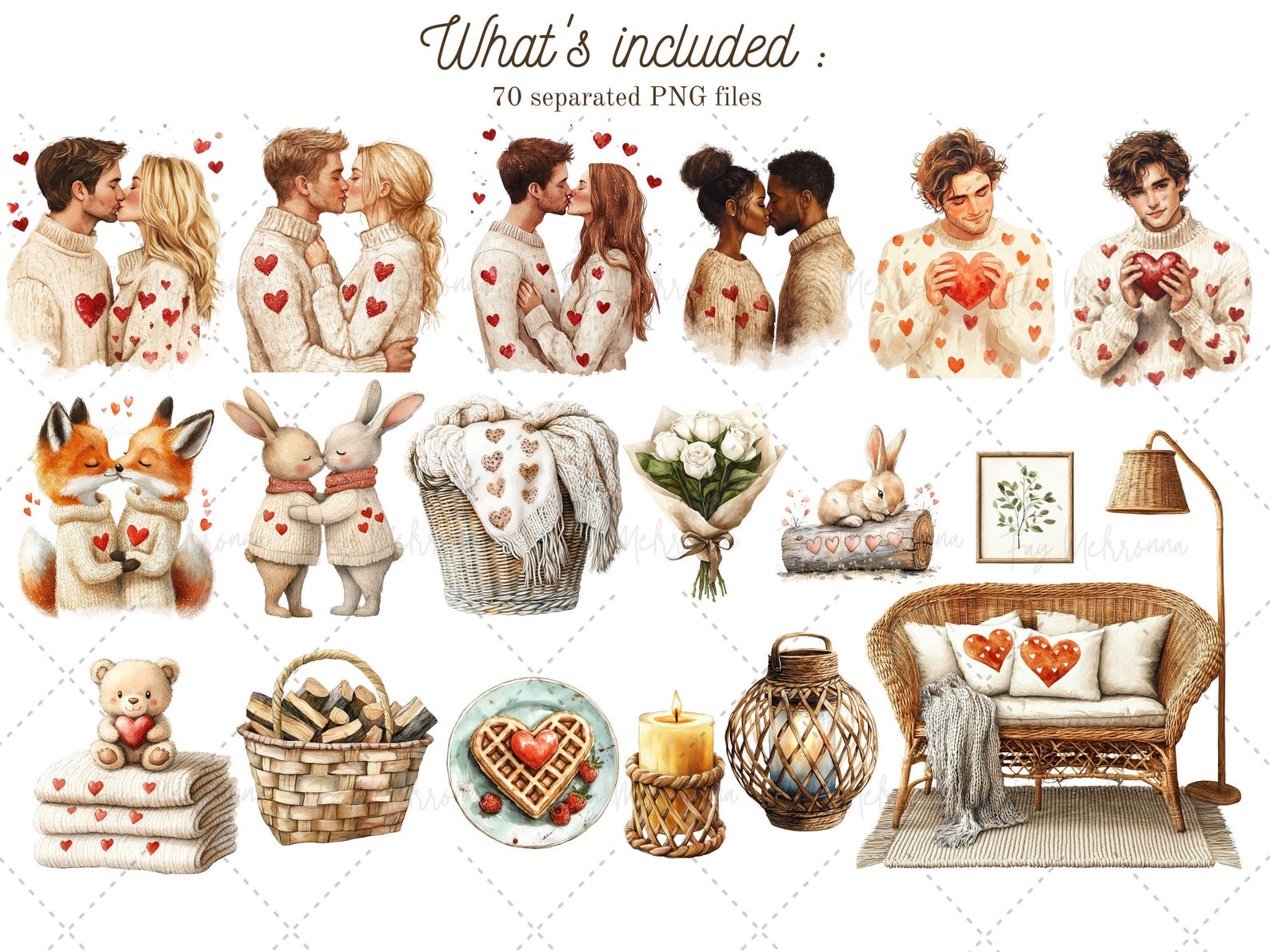Watercolor Valentines Day Clipart Bundle, Romantic Clip Art PNG, XOXO ...