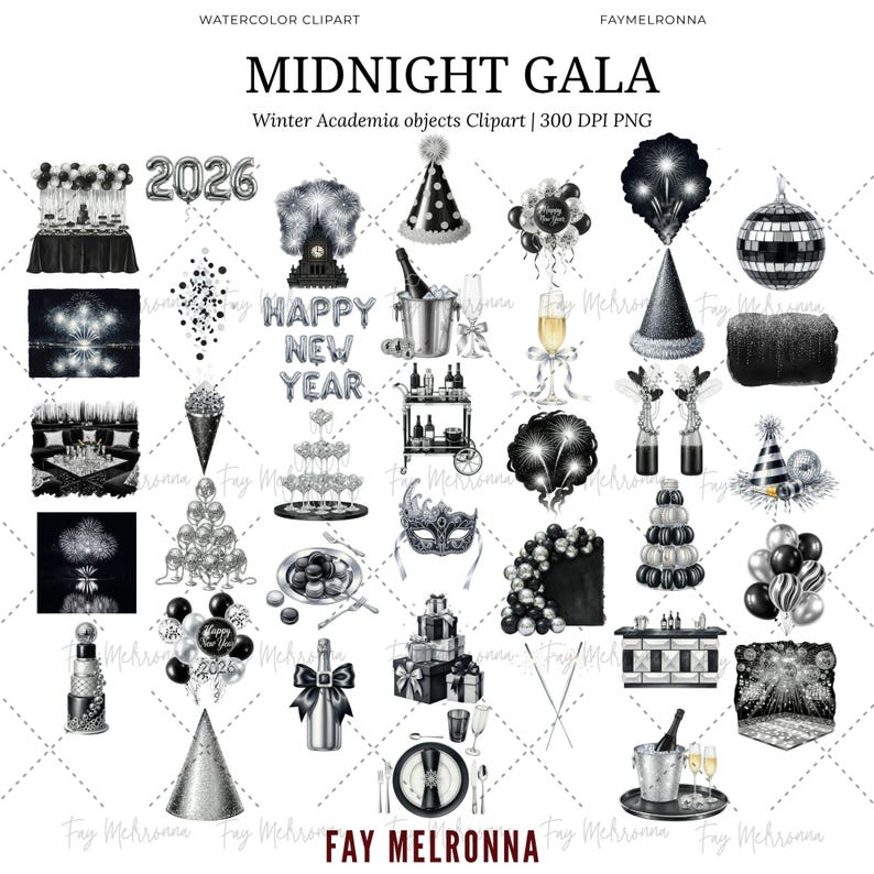 Midnight Gala Watercolor Clipart | Black Silver Luxe New Year | Luxury ...
