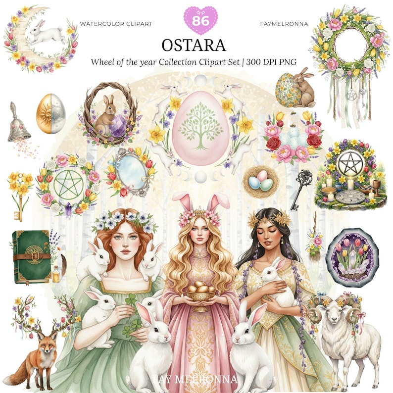 Ostara Spring Equinox Watercolor Clipart, Gothic Witch Clipart, Goddess ...