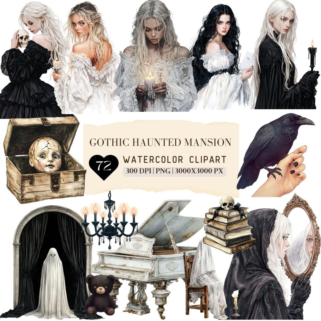 Watercolor Gothic Haunted Halloween Clipart, Dark Vintage Horror PNG ...