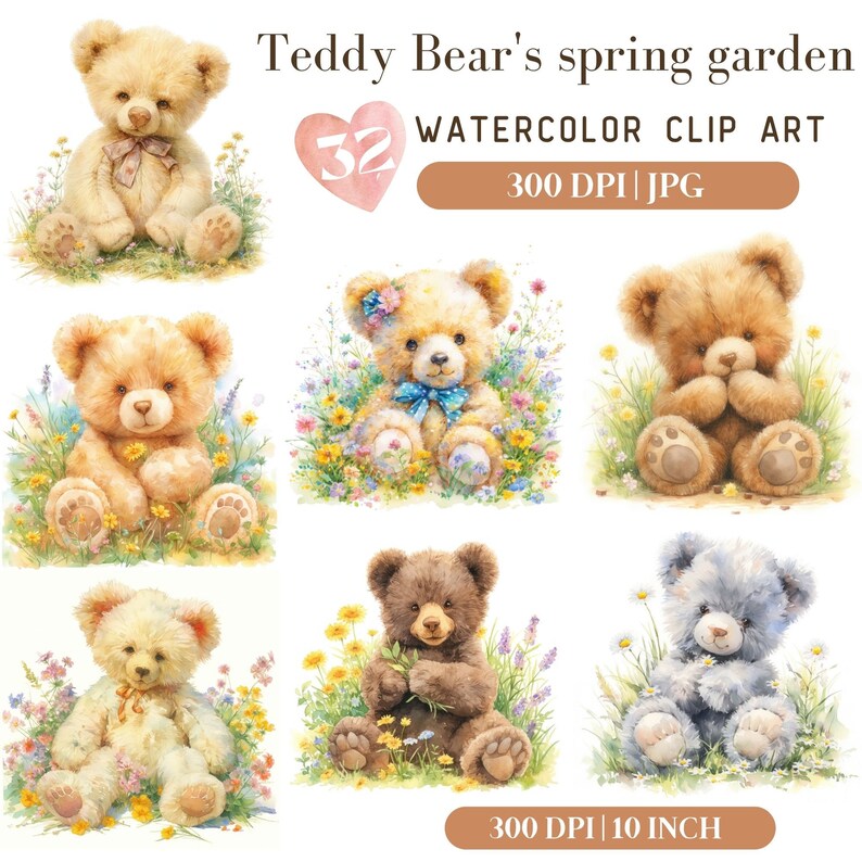 Teddy Bear Spring Clip Art, Whimsical Pastel Watercolor Floral Clip Art ...