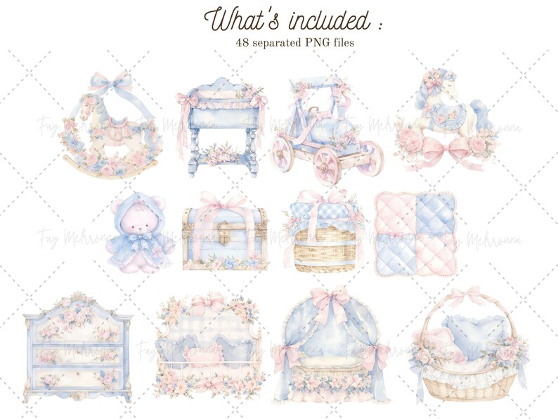 Watercolor Grandmillennial Baby Clipart Bundle, Pastel Baby Toys Clip ...