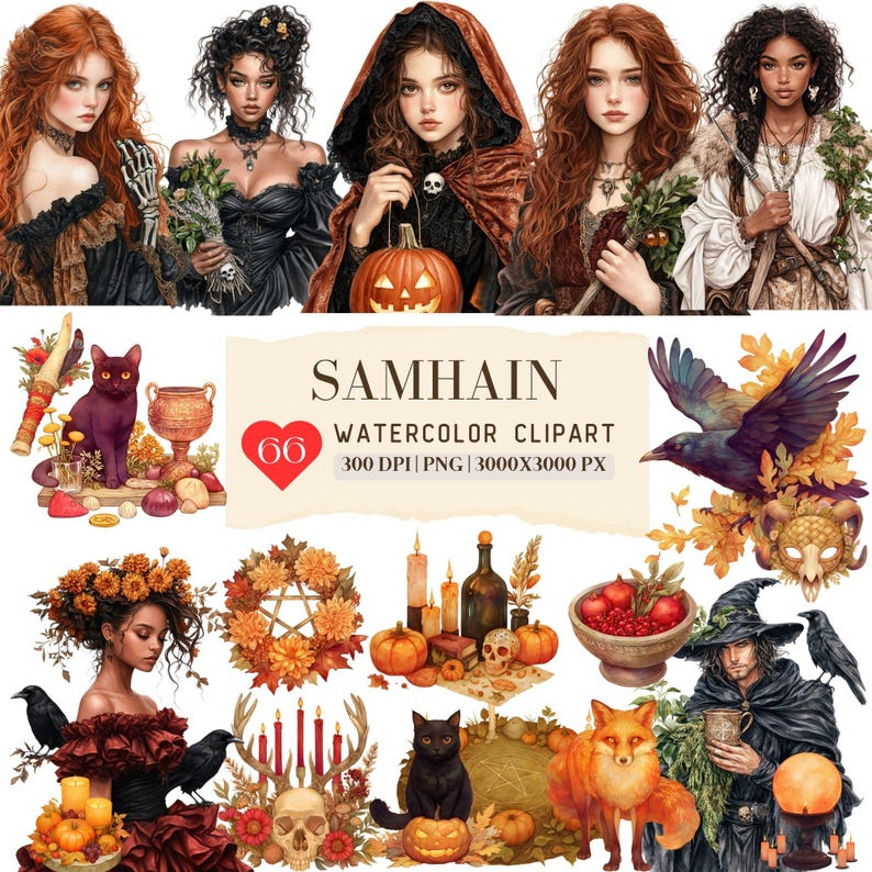 Watercolor Samhain Clipart, Pagan Gothic Witch Clipart, Goddess Fairy ...