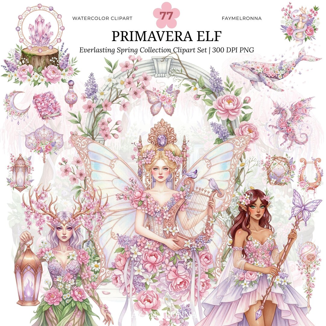 Primavera Elf Watercolor Clipart Bundle, Spring Elf, Romantic Elven ...