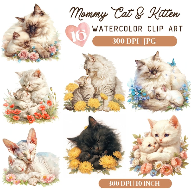 Watercolor Cute Mom and Baby Cat Clipart, Cute Kittens Animal Nursery ...
