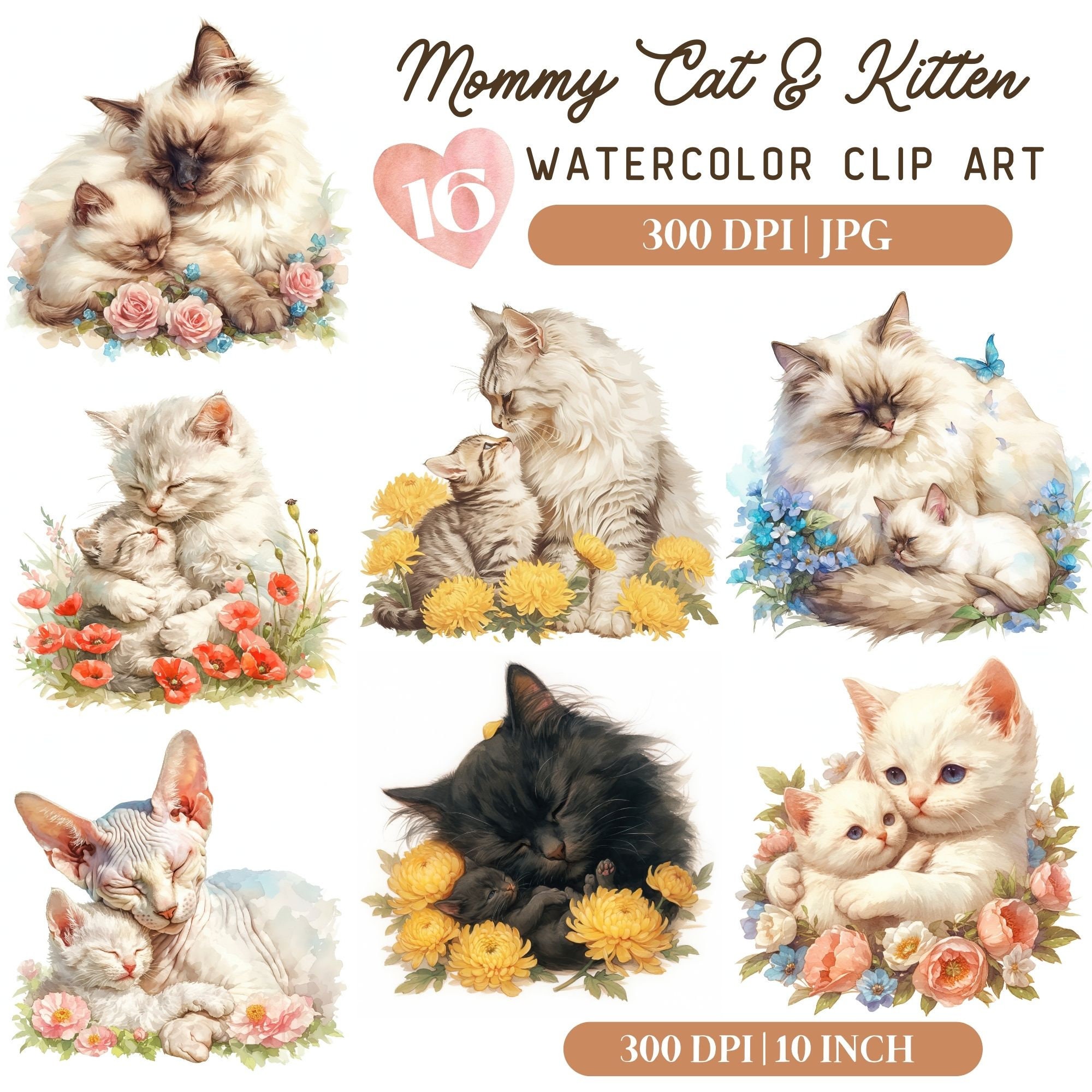 Watercolor Cute Mom and Baby Cat Clipart, Cute Kittens Animal Nursery ...