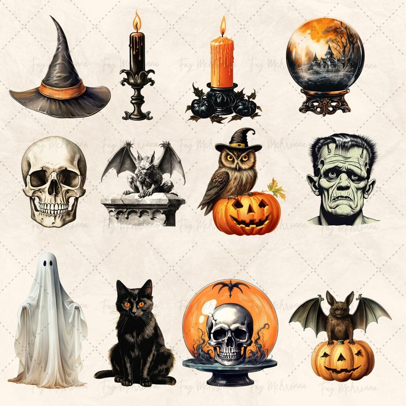 Vintage Creepy Halloween Clipart, Old Style Antique Halloween Clip Art ...