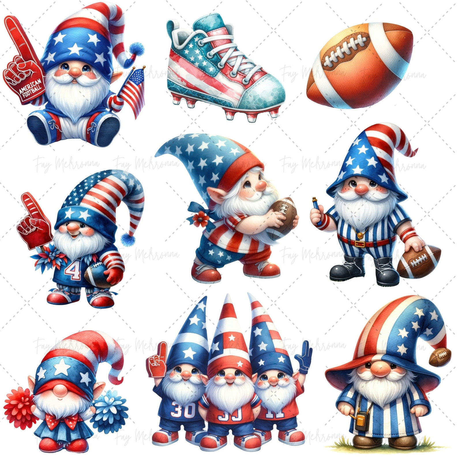 Cute Gnome Watercolor American Football Clipart, Gnomes Illustrations ...