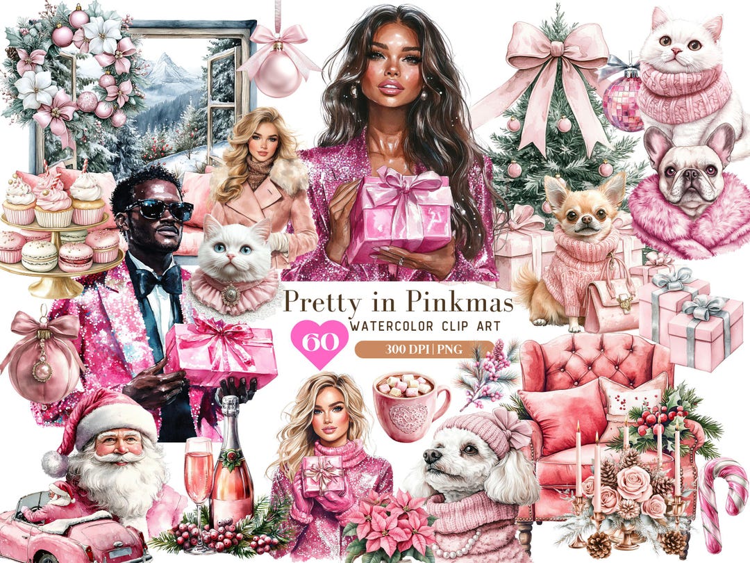 Watercolor Pretty in Pinkmas Clipart, Pink Xmas Clip Art, Christmas ...