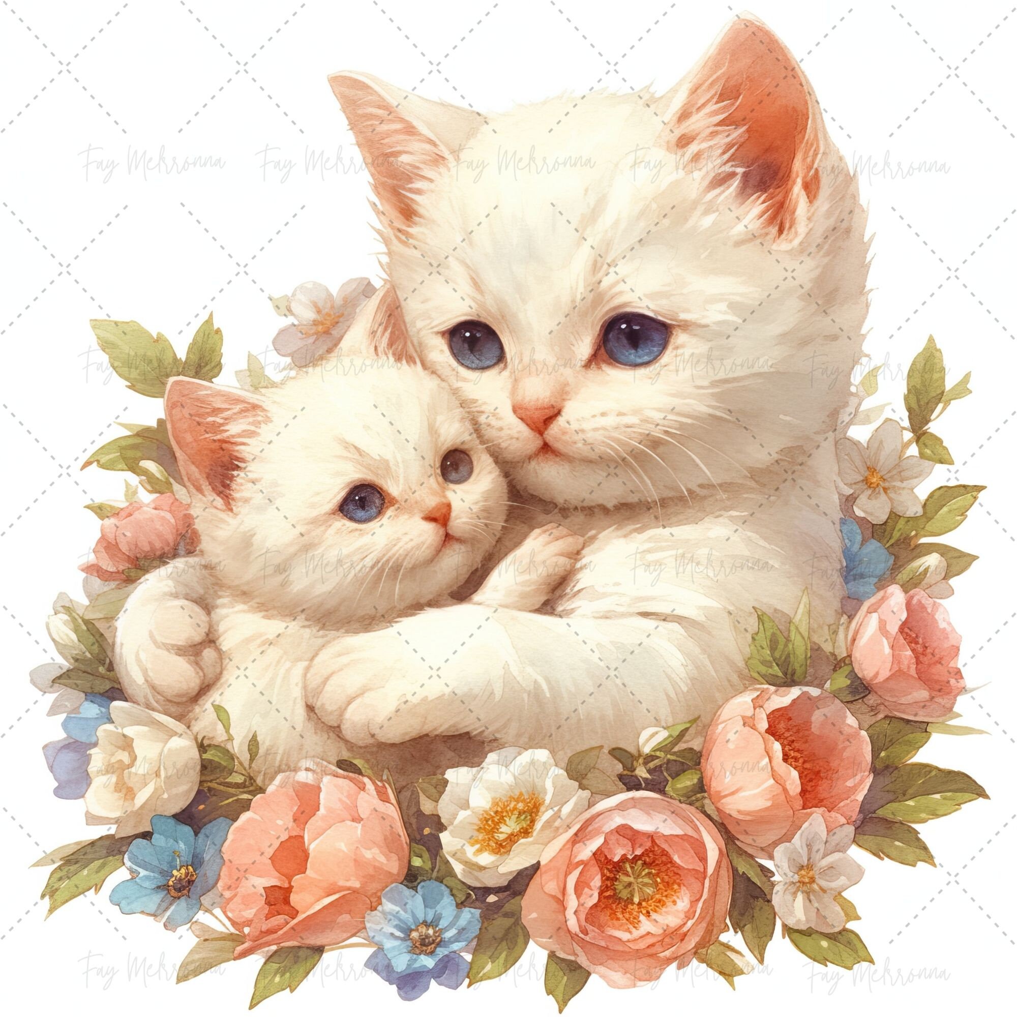 Watercolor Cute Mom and Baby Cat Clipart, Cute Kittens Animal Nursery ...