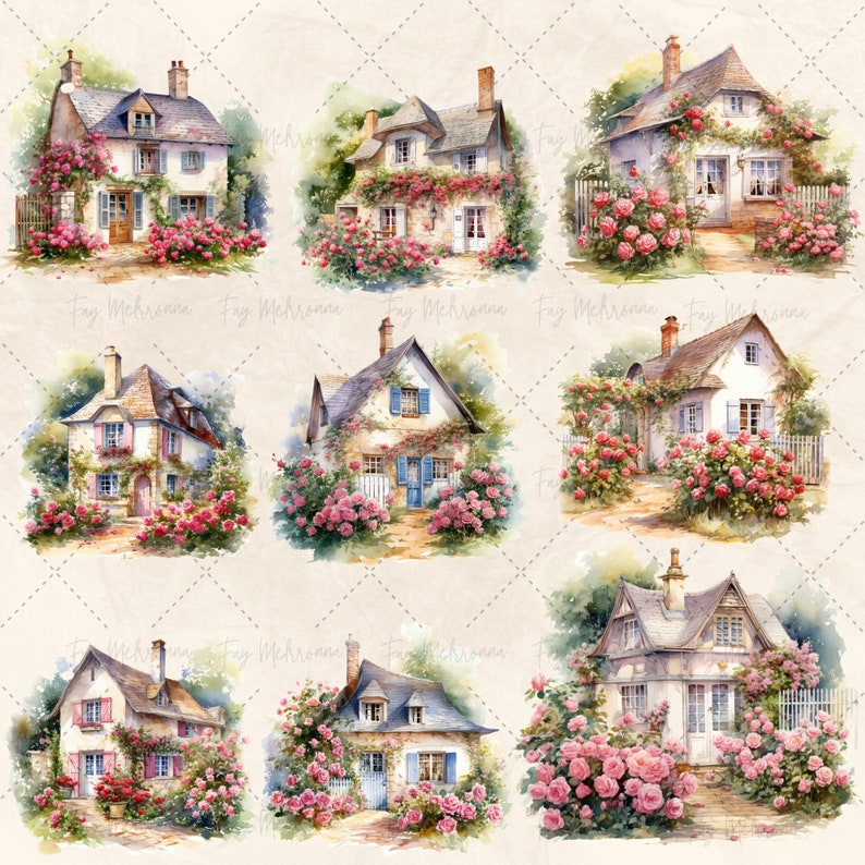 French Cottages Rose Garden Clipart Watercolour Clipart Cottagecore Png ...